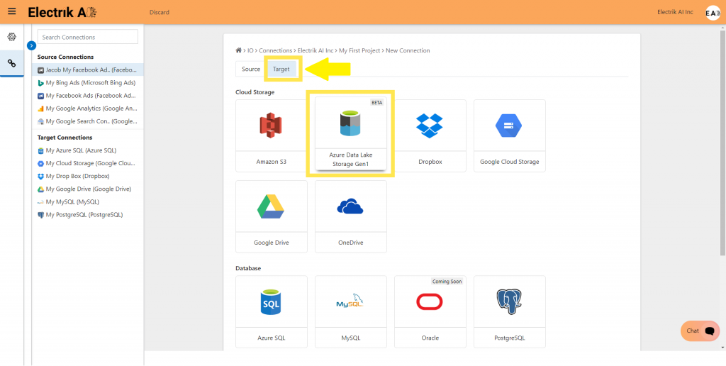 How to Create Azure Data Lake Storage Gen1 Connection in Electrik.AI