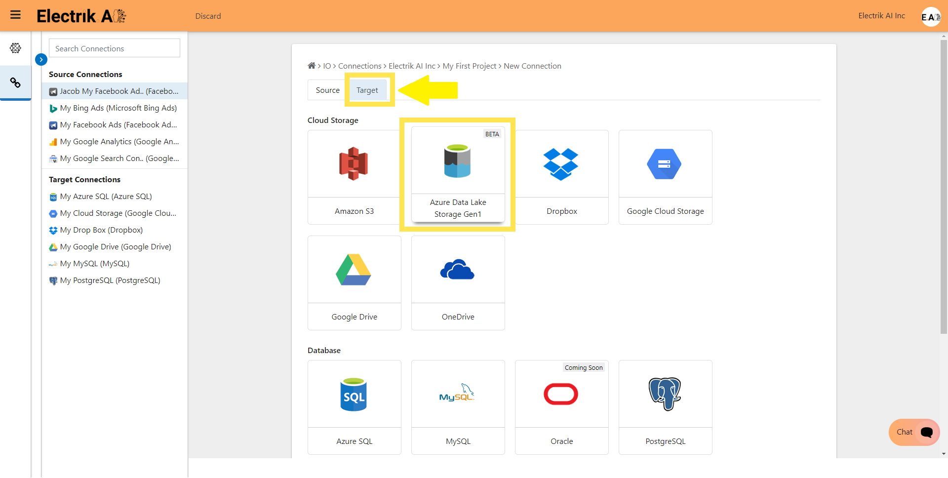How to Create Azure Data Lake Storage Gen1 Connection in Electrik.AI